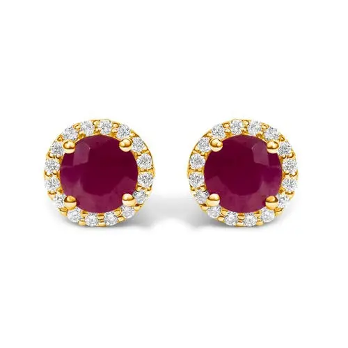 HAUS OF BRILLIANCE 10k Gold Gemstone And Diamond Halo Stud Earrings - Yellow | Red Ruby